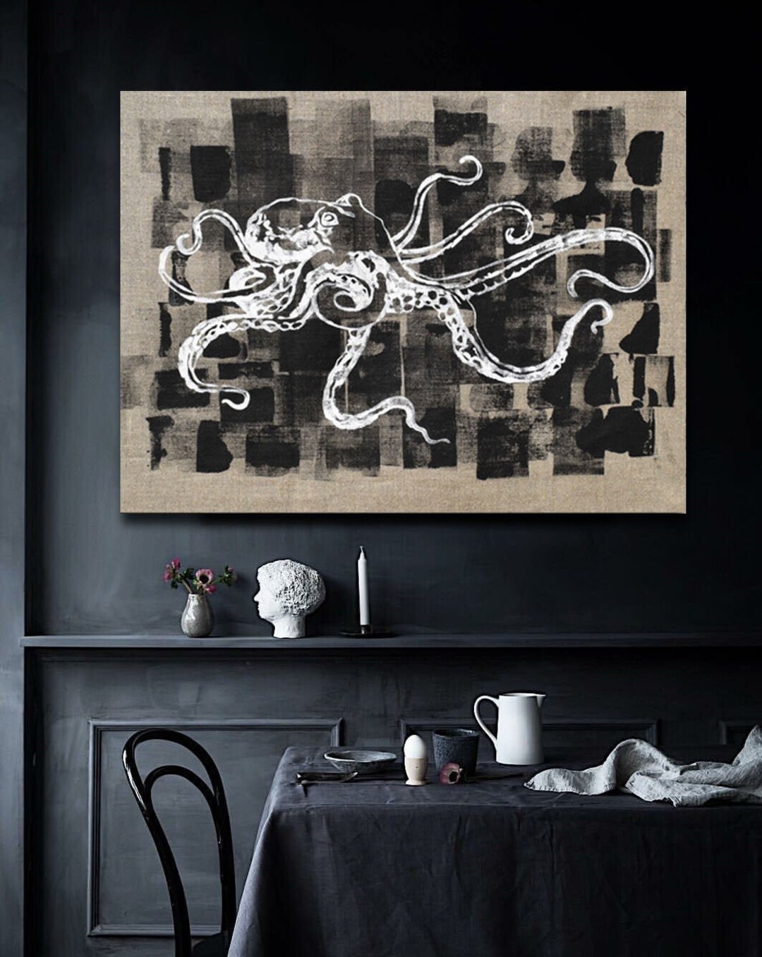 Octopus Abstract Art 40" Octopus Painting, Large Art, Black and White ...