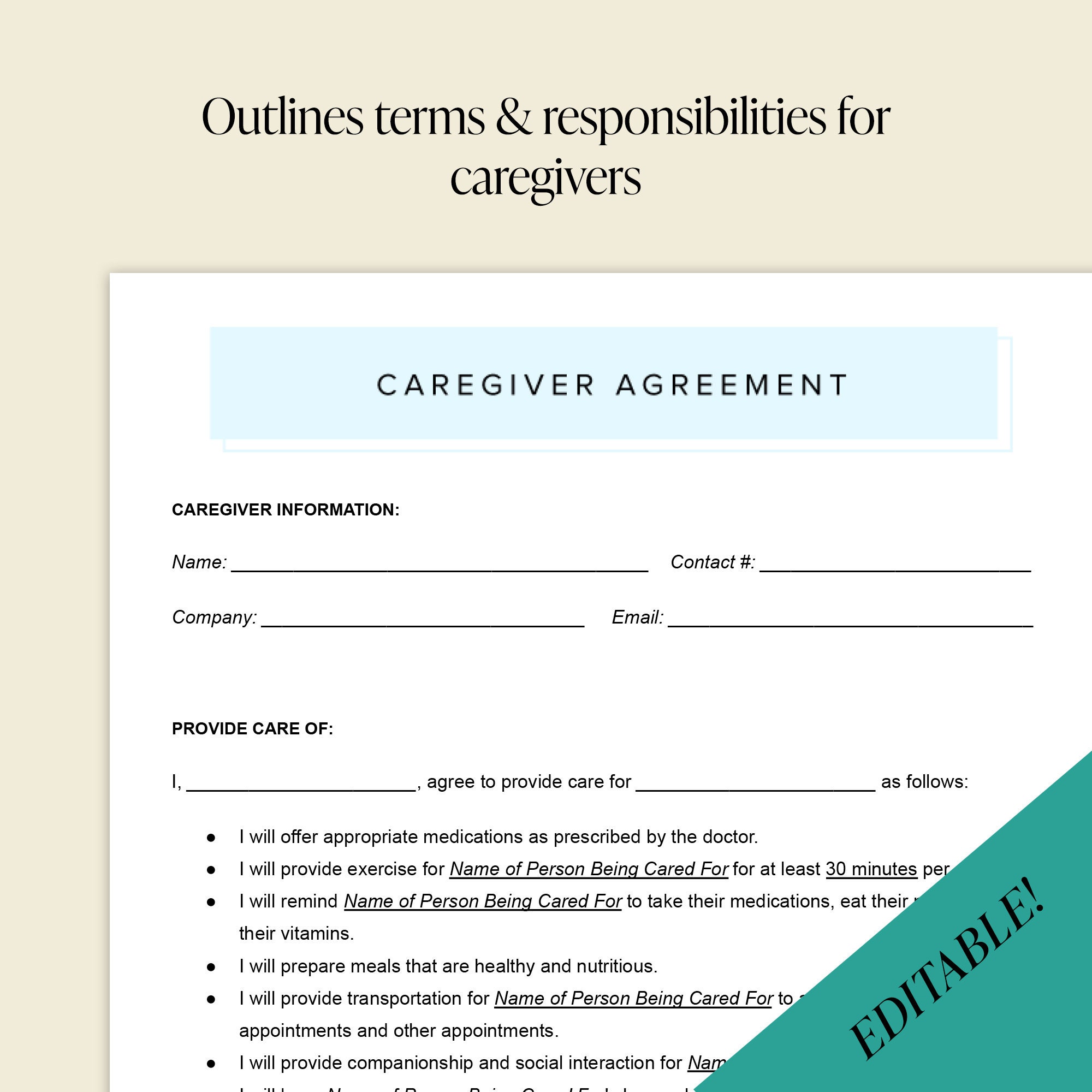 Senior Caregiver Agreement Form - Printable Elderly Care Contract Editable Word & PDF - Elderly ...