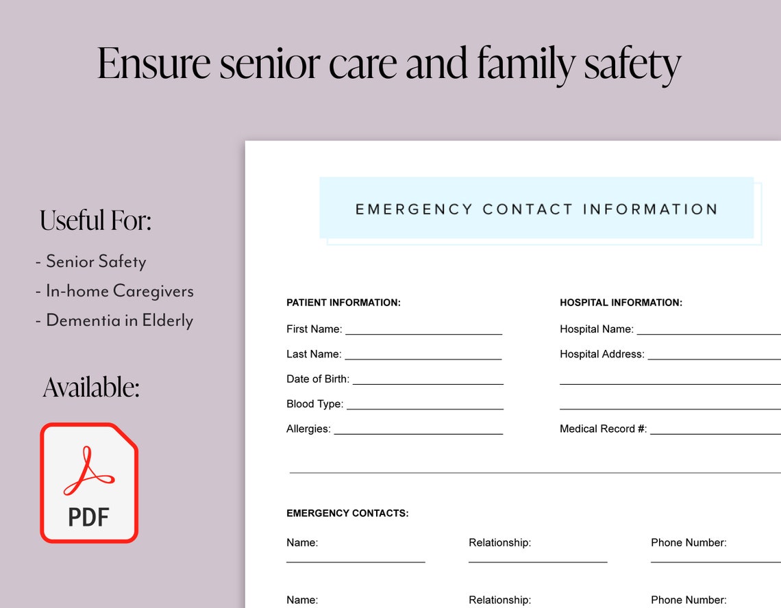 Senior Care Emergency Contact Bundle - Printable PDF - Wallet Card ...