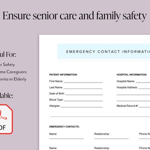 Senior Care Emergency Contact Bundle - Printable PDF - Wallet Card ...