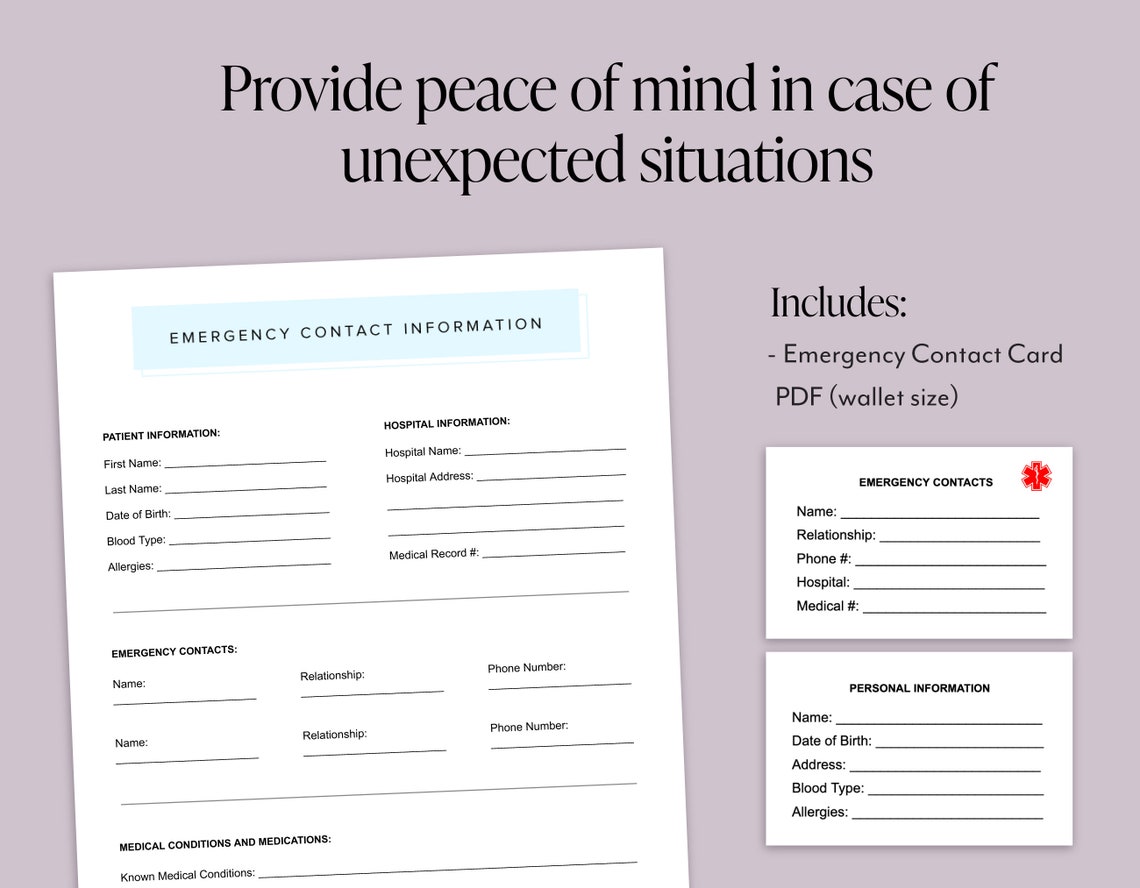 Senior Care Emergency Contact Bundle - Printable PDF - Wallet Card ...
