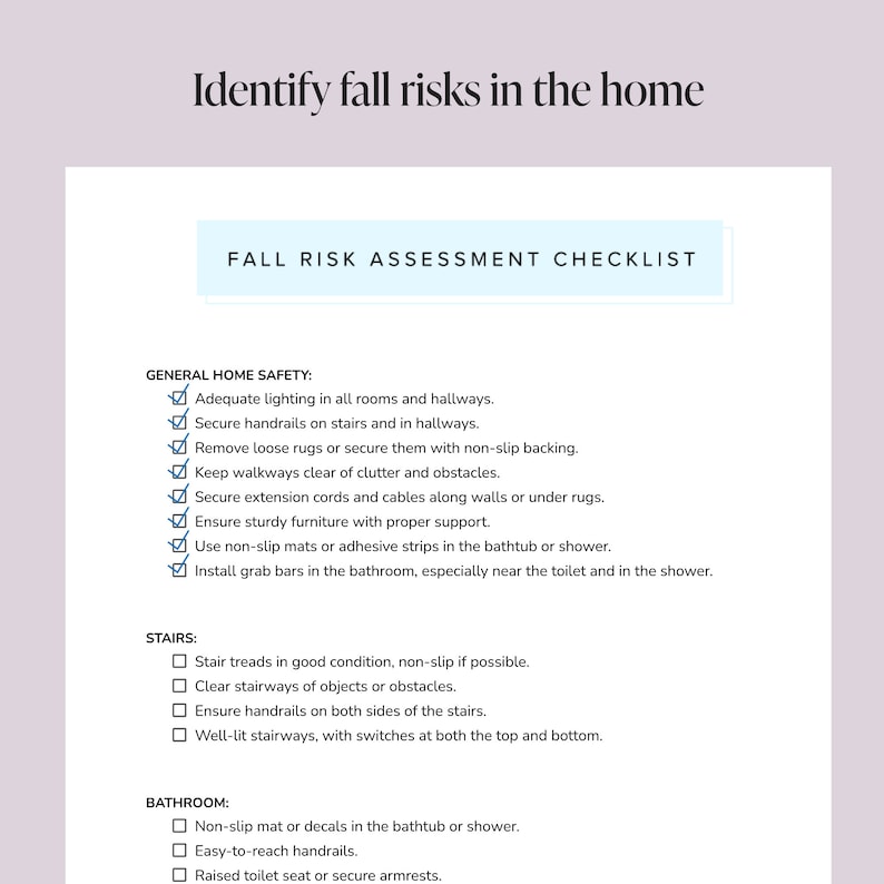 Elderly Parent Fall Prevention Checklist Senior Home Care Safety Forms ...