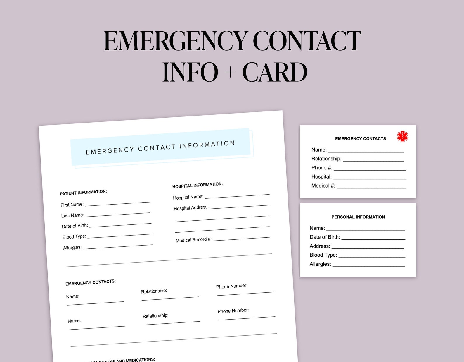 Senior Care Emergency Contact Bundle - Printable PDF - Wallet Card ...