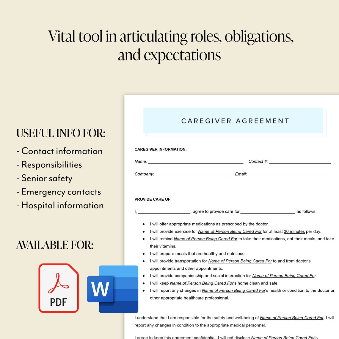 Senior Caregiver Agreement Form - Printable Elderly Care Contract ...