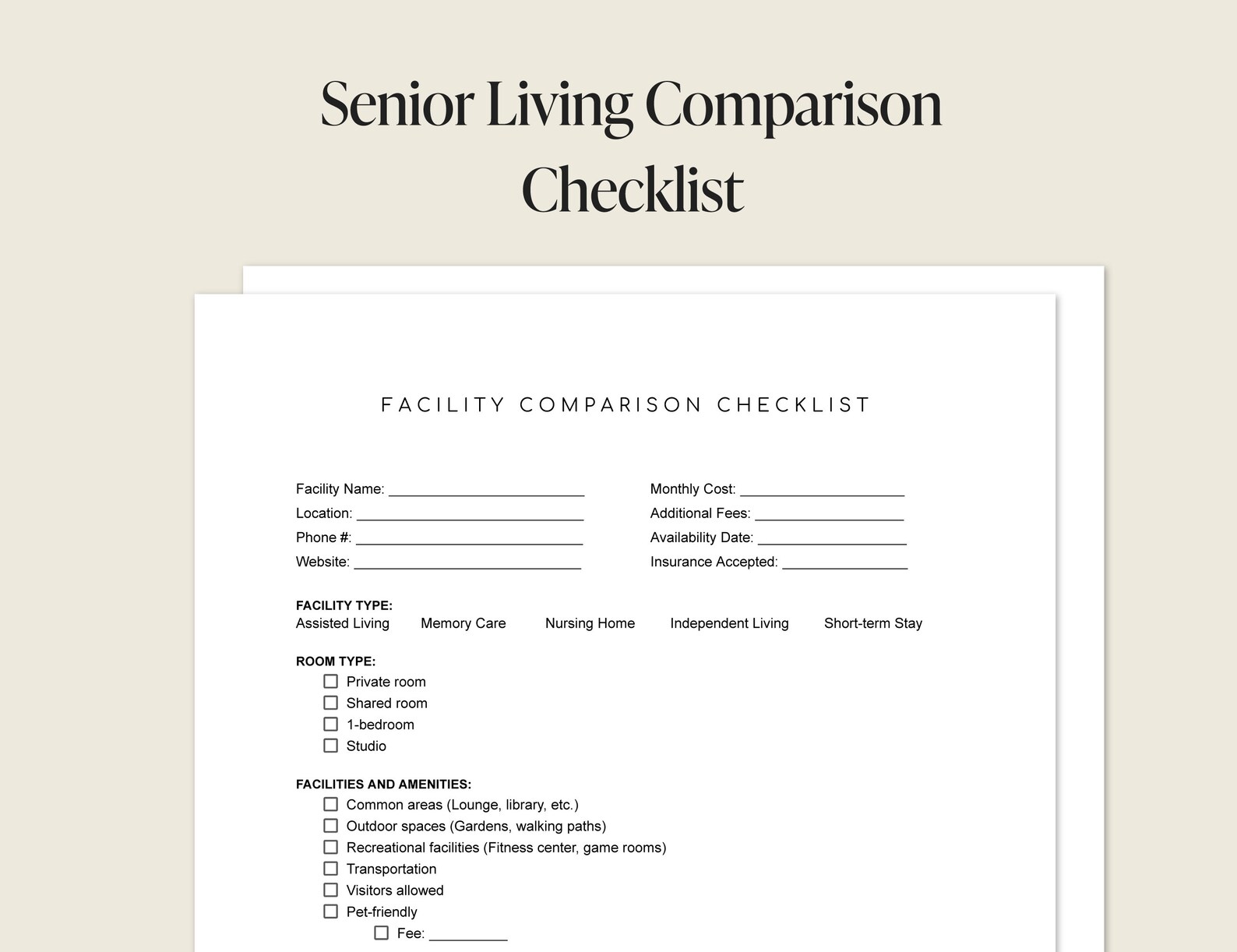 Senior Home Facility Search Comparison Sheet - Assisted Living Care ...
