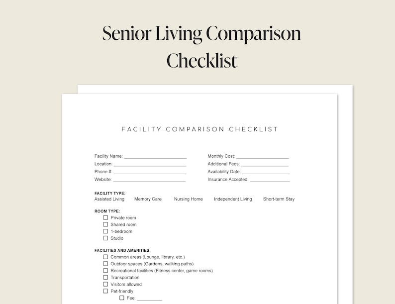 Senior Home Facility Search Comparison Sheet - Assisted Living Care ...