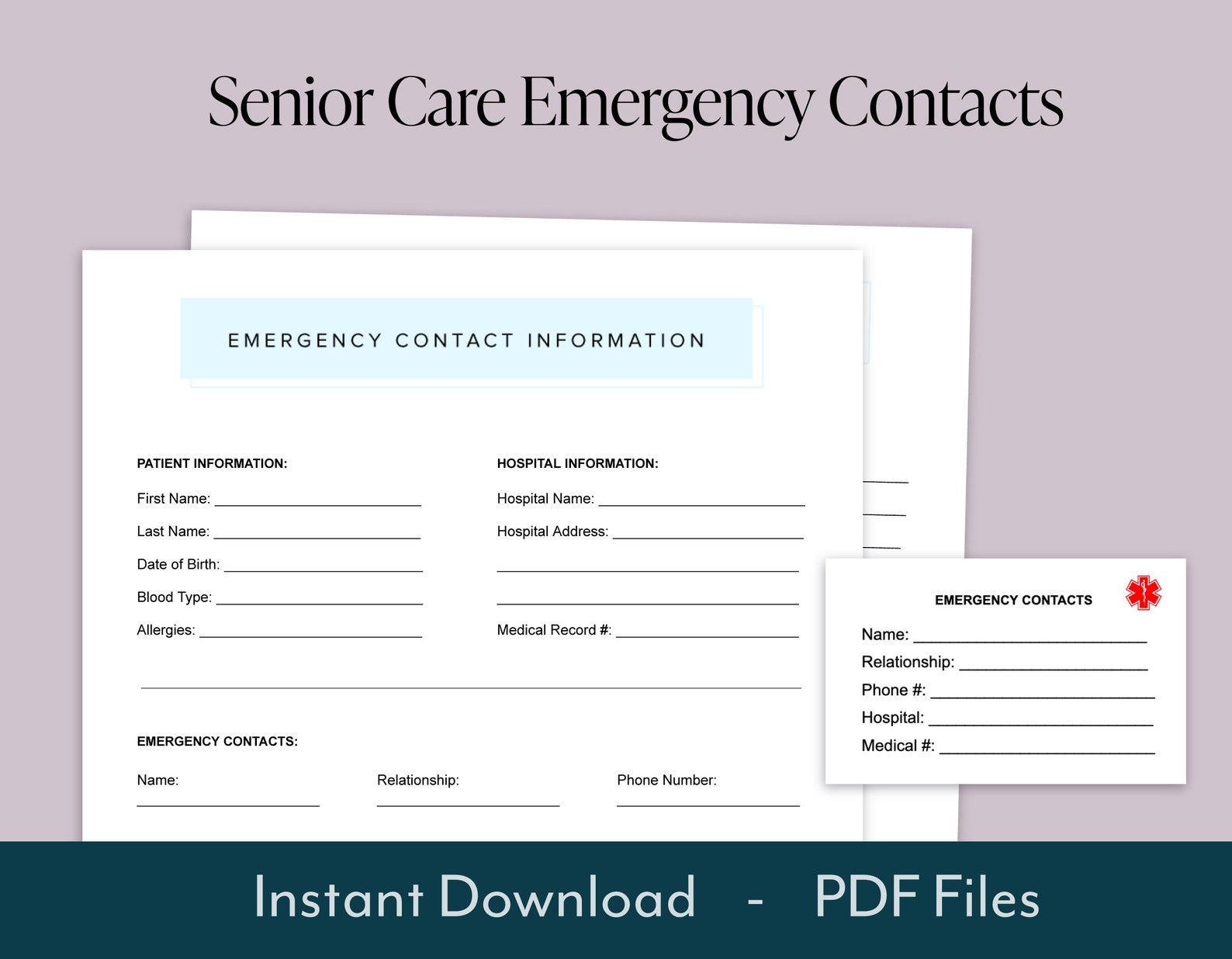 Senior Care Emergency Contact Bundle - Printable PDF - Wallet Card ...