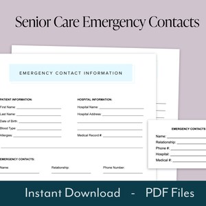 Senior Care Emergency Contact Bundle - Printable PDF - Wallet Card ...
