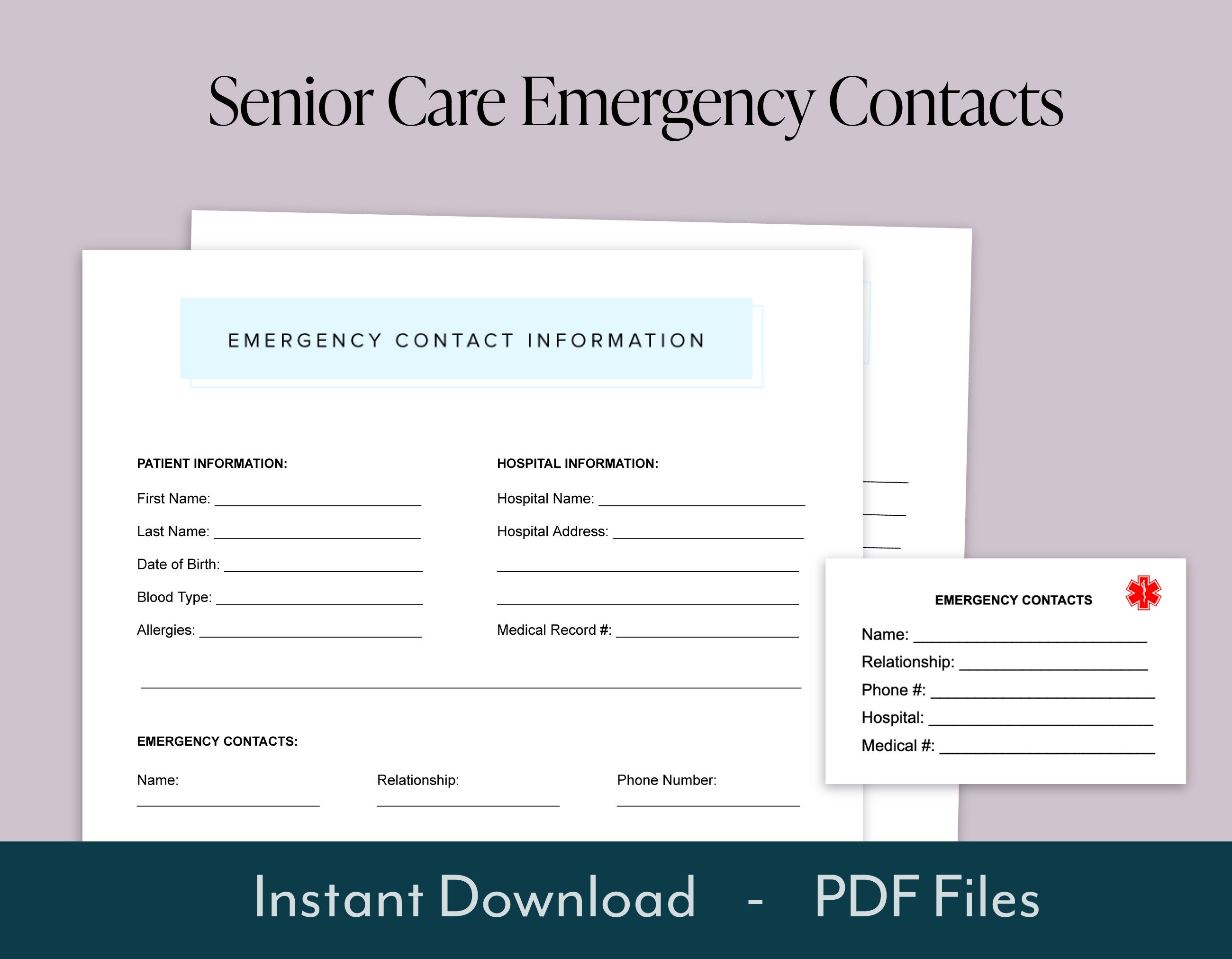 Senior Care Emergency Contact Bundle - Printable PDF - Wallet Card ...