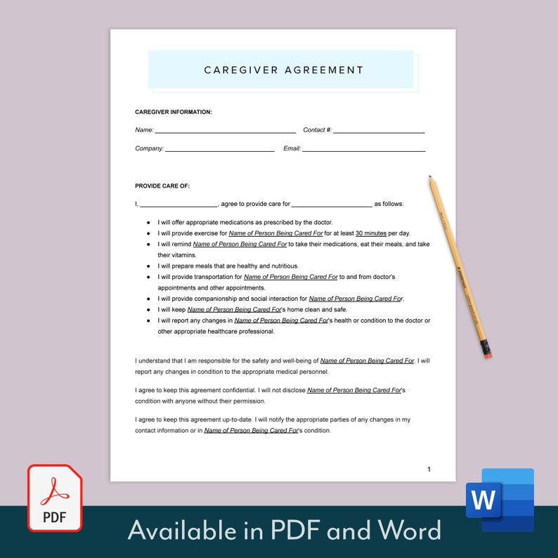 Caregiver Contract - Senior Caregiver Agreement Form - Printable Aging ...