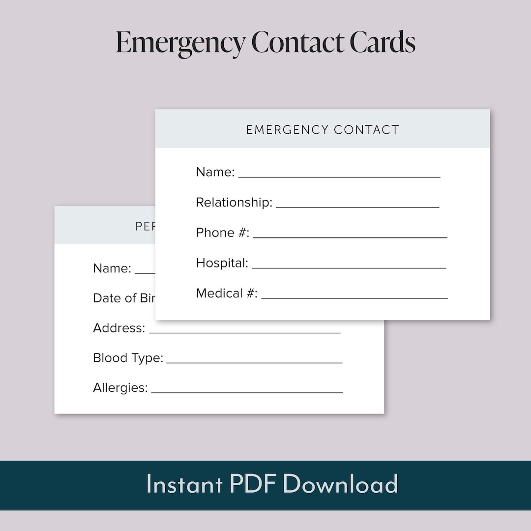 Aging Parent Emergency Contact Card - Senior Care Dementia Emergency ...