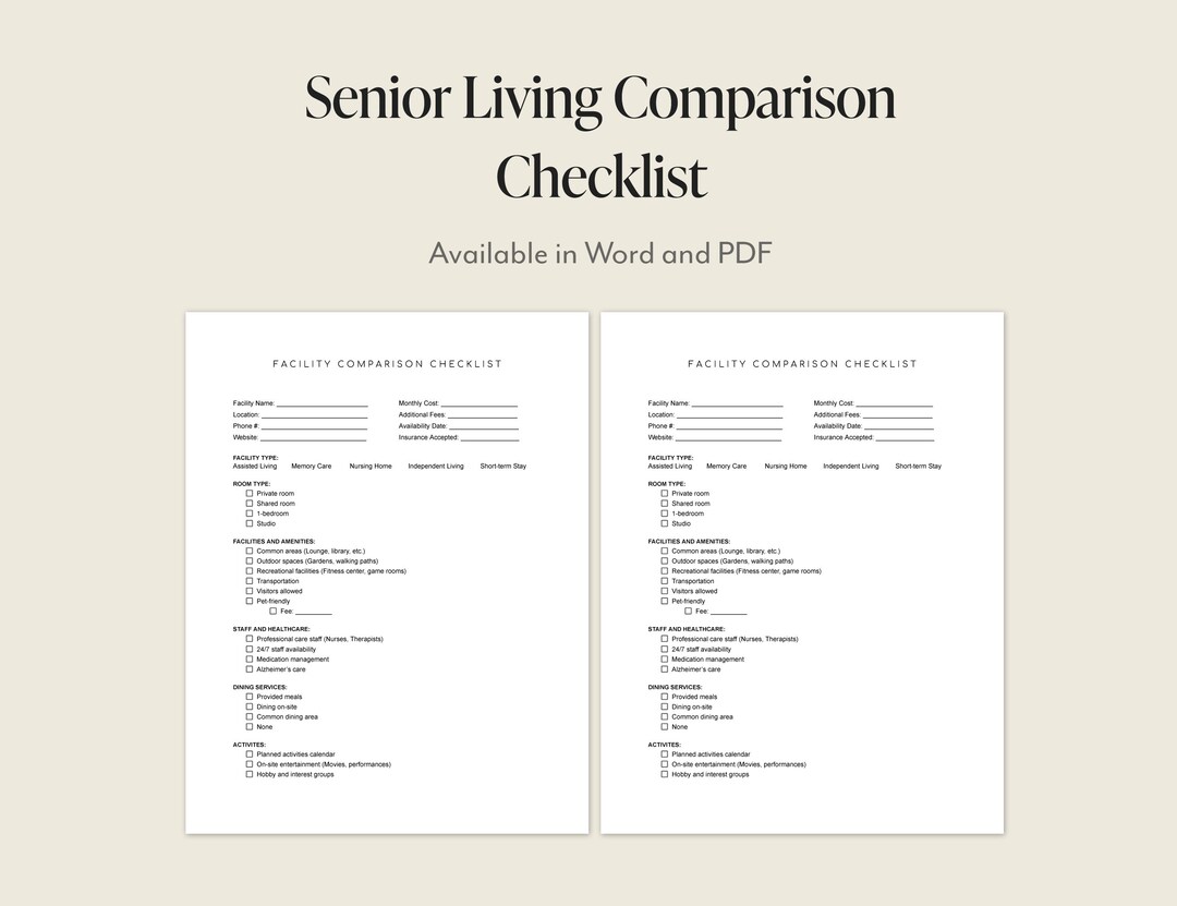 Senior Home Search Comparison Checklist Assisted Living Care Facility ...