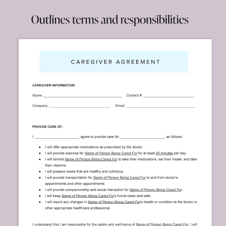 Caregiver Contract - Senior Caregiver Agreement Form - Printable Aging ...