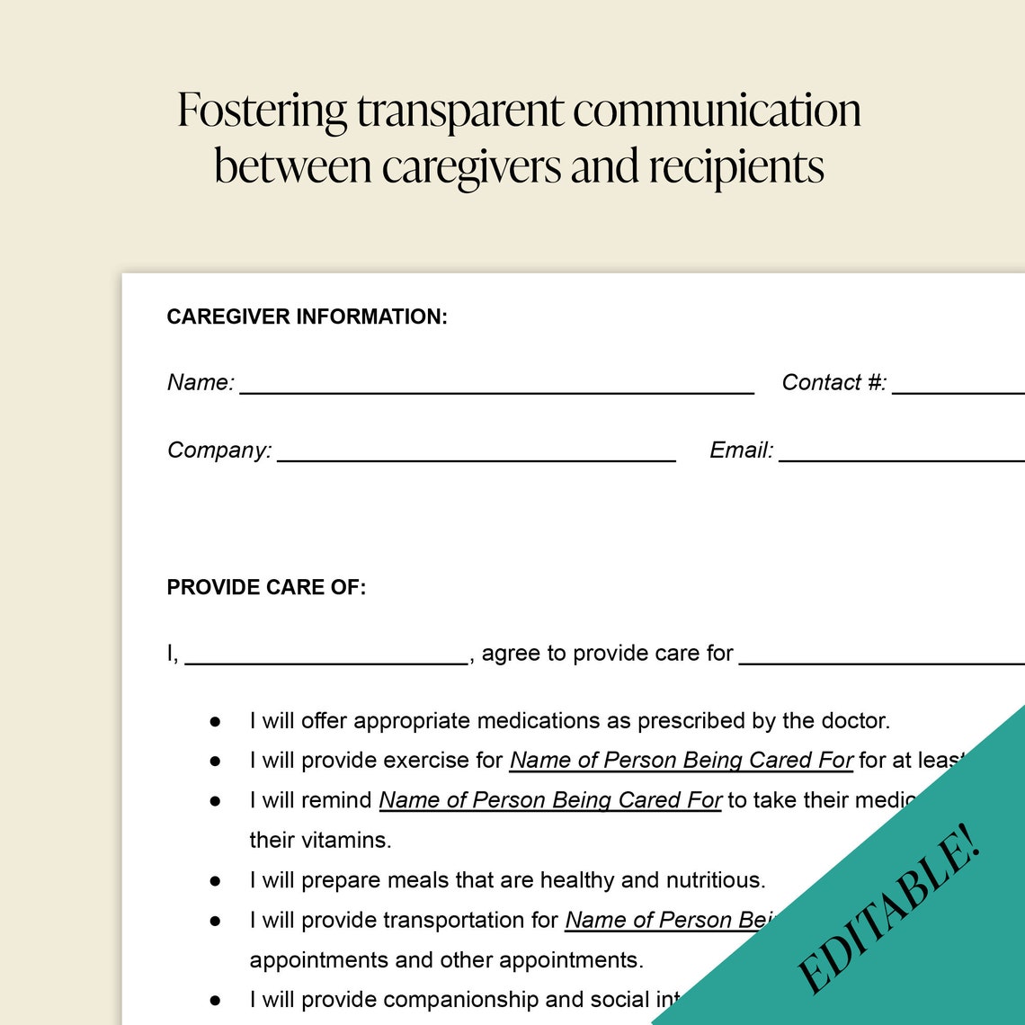 Senior Caregiver Agreement Form - Printable Elderly Care Contract ...