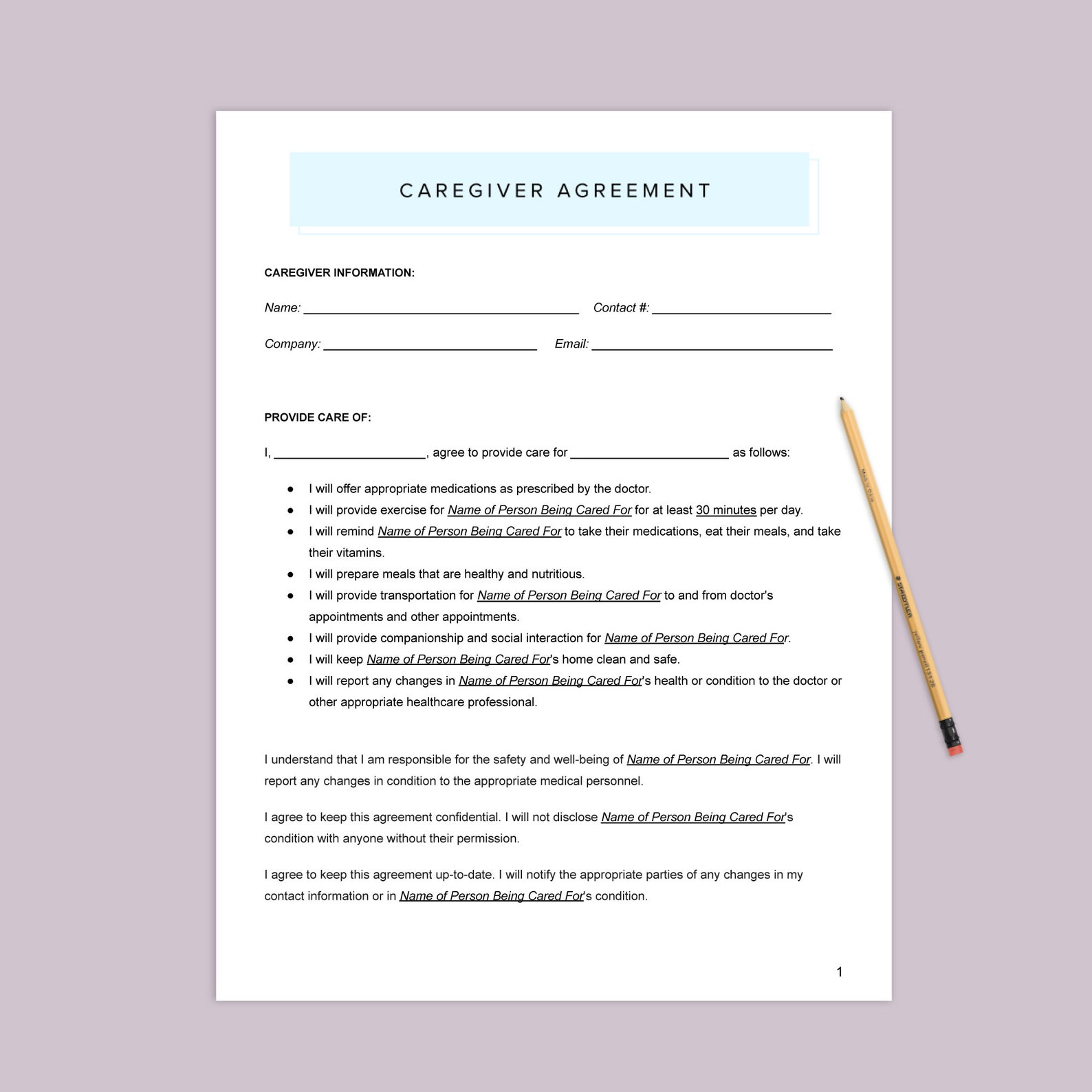 Caregiver Contract - Senior Caregiver Agreement Form - Printable Aging ...