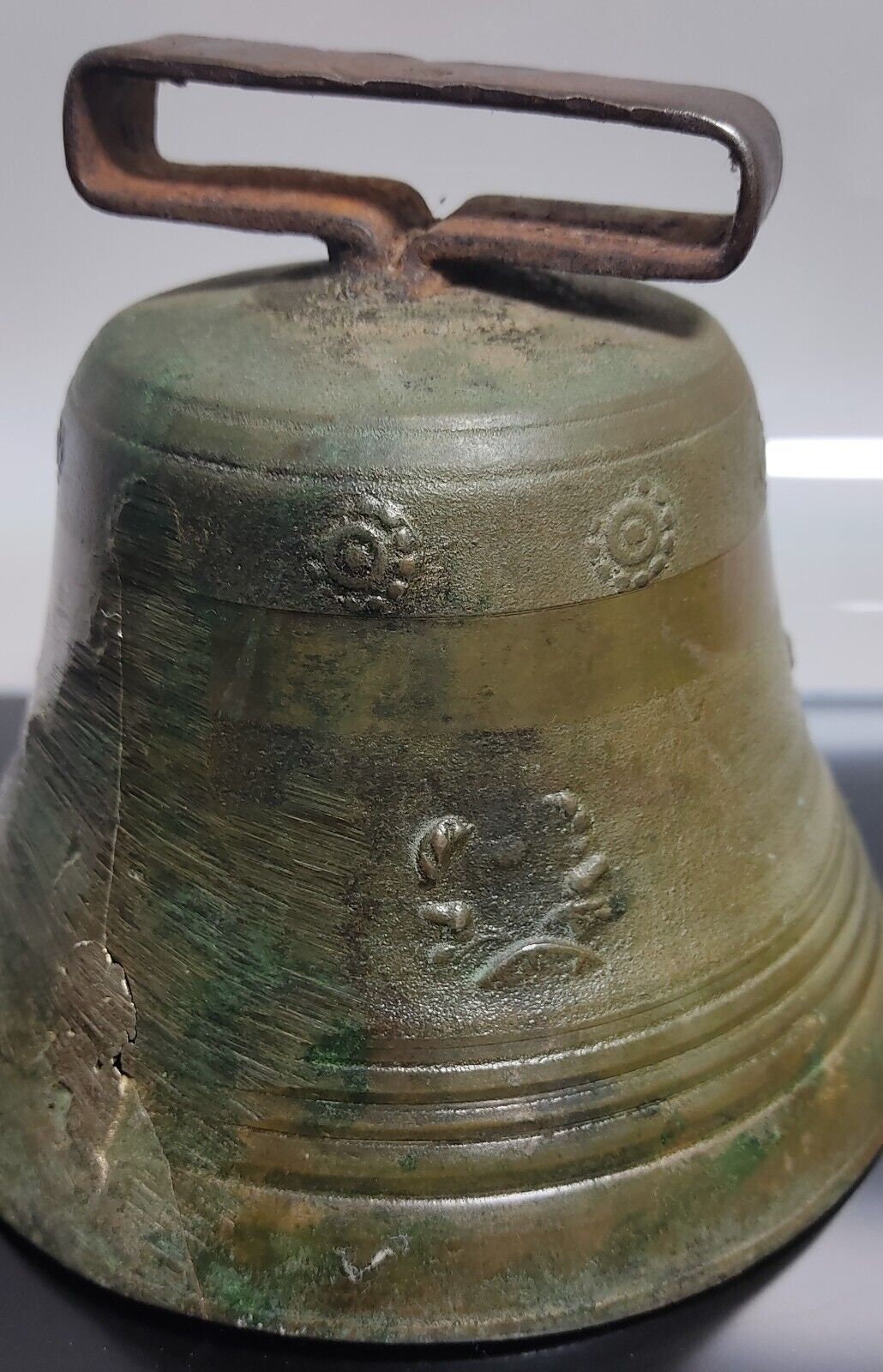 Antique Bronze Swiss Cowbell With Cast Medallions and Nice Reverb C ...