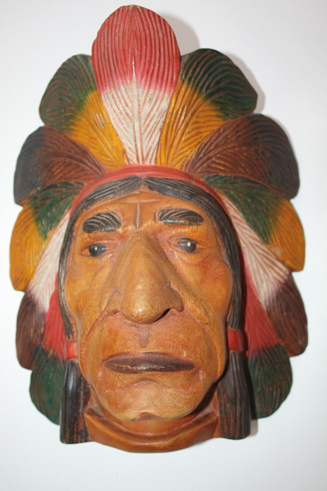 Native American Hand Carved Painted Wood Indian Head Chief Bust ...