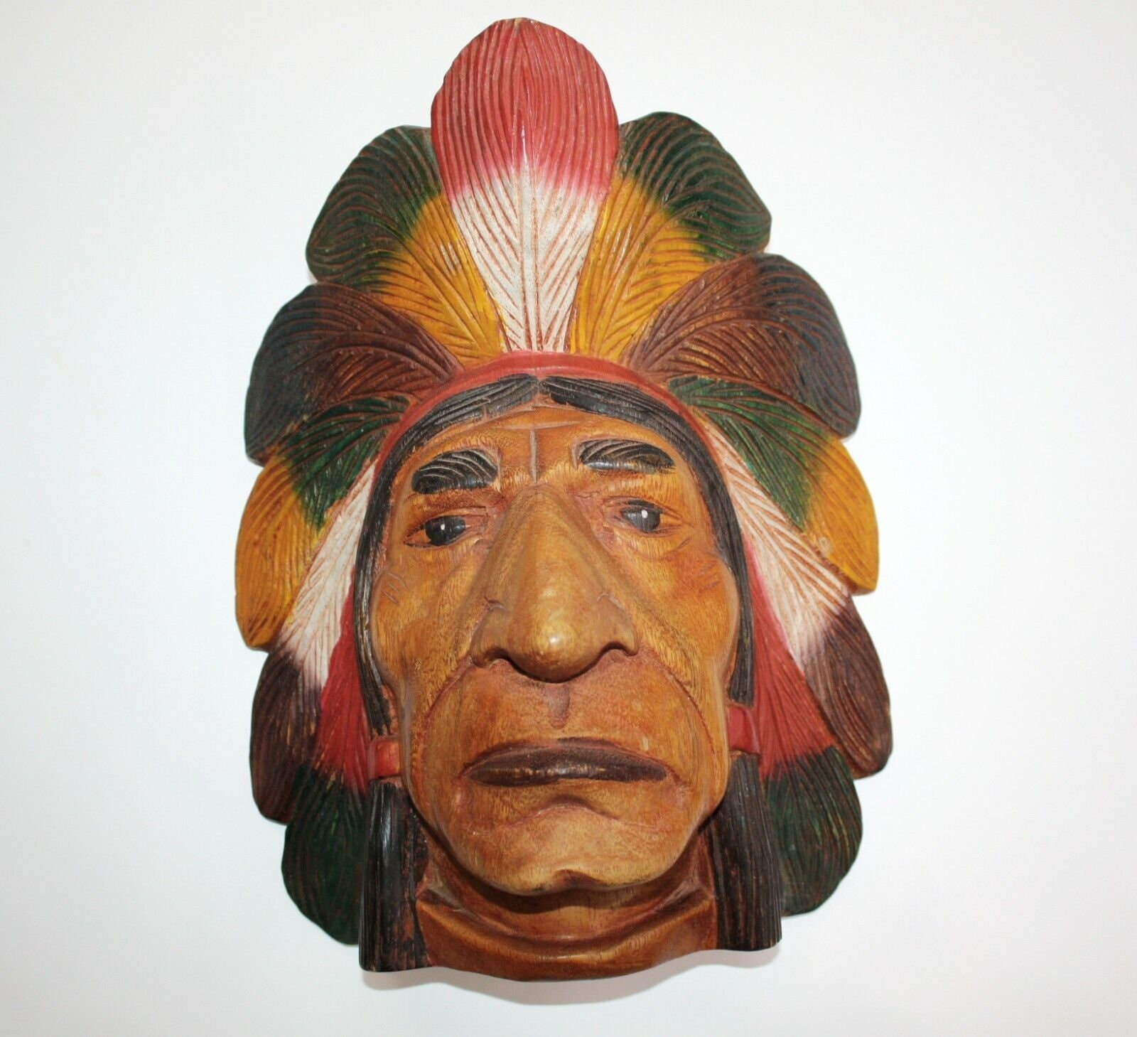 Native American Hand Carved Painted Wood Indian Head Chief Bust ...
