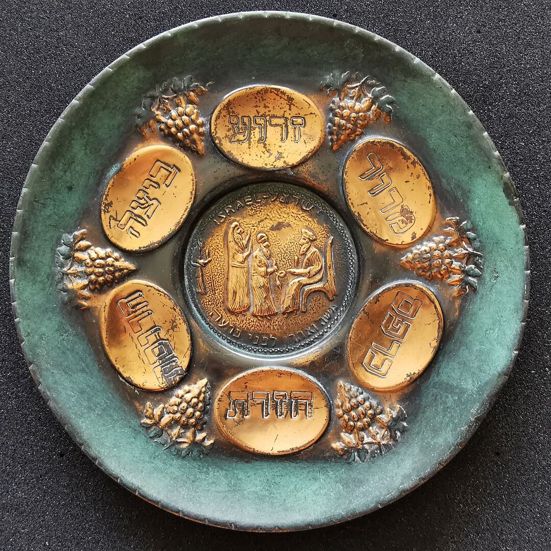 Antique Copper Hand Hammered Enamel Passover Tray Plate Jerusalem ...