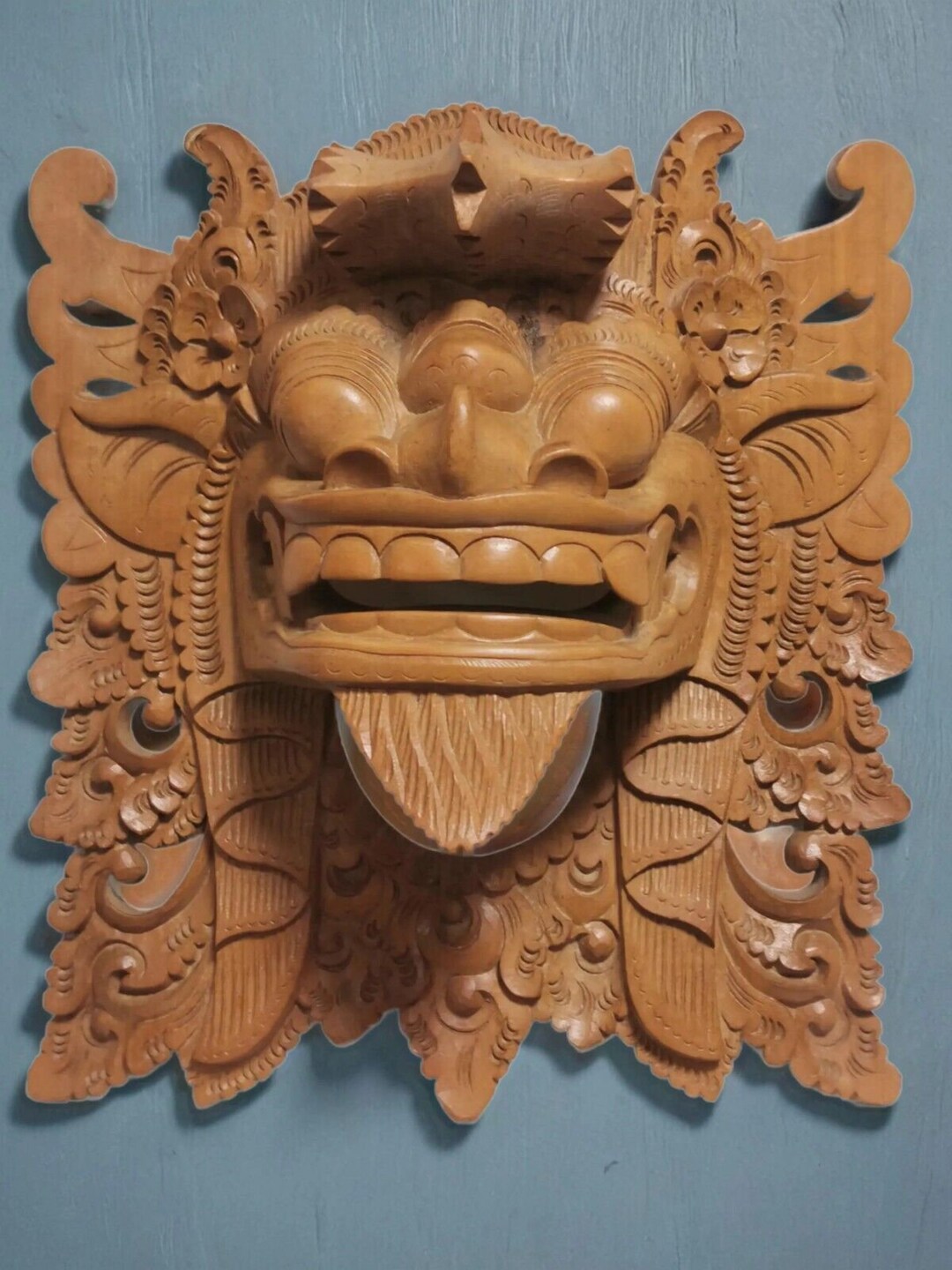 Vintage Balinese Barong Hand Carved Wooden Dragon Face Mask Wall Decor ...