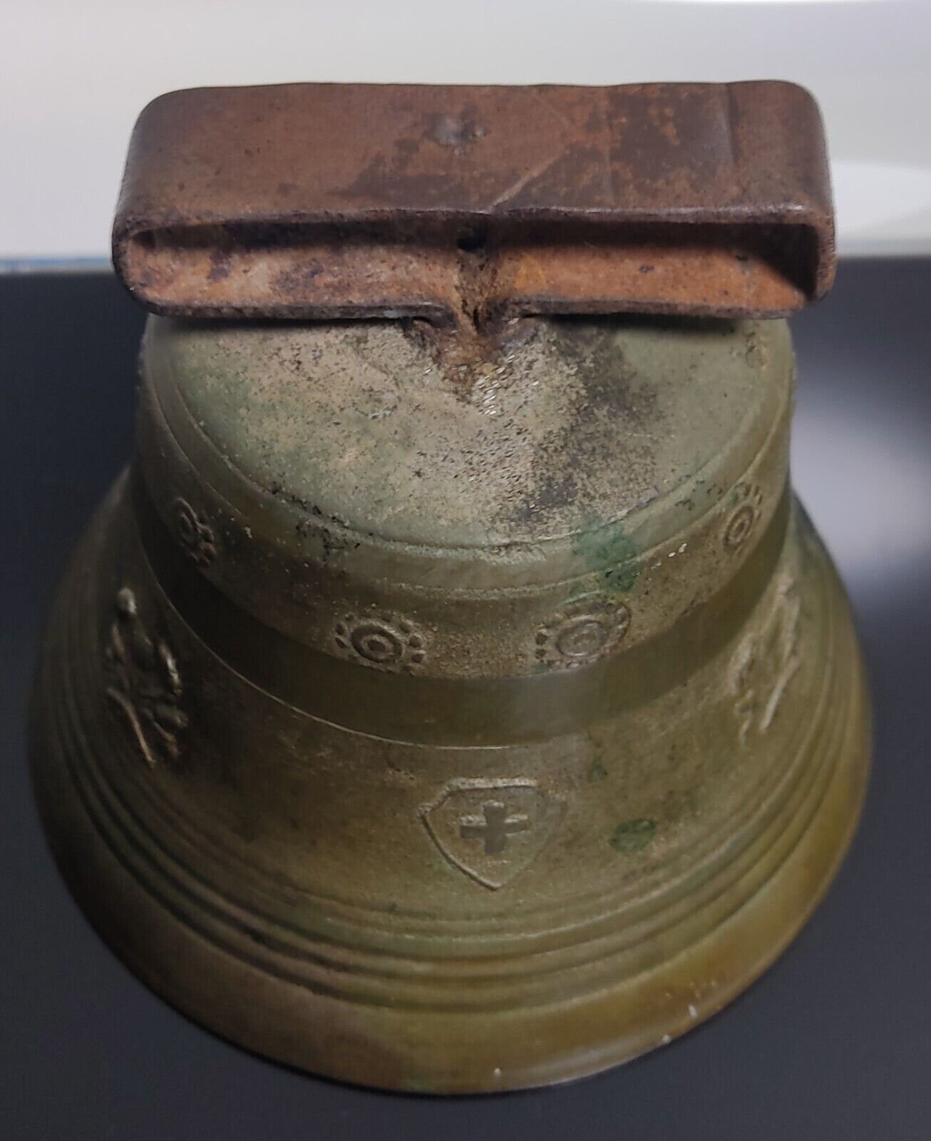 Antique Bronze Swiss Cowbell With Cast Medallions and Nice Reverb C ...