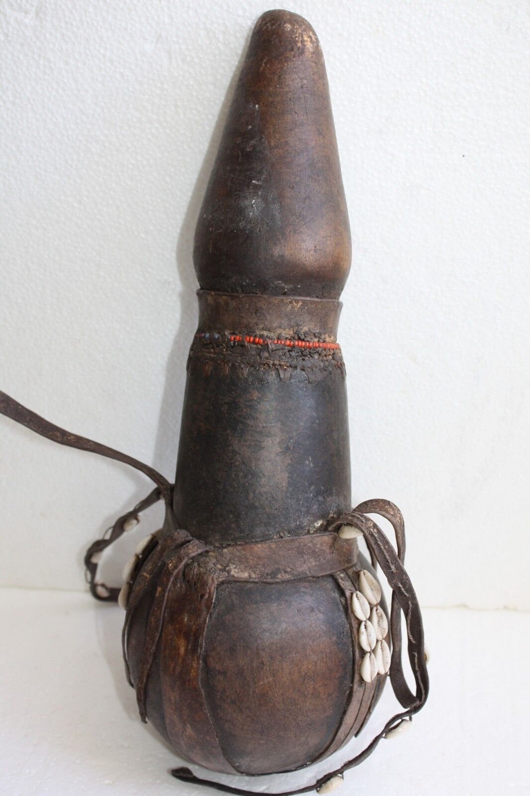 Antique African Tribal Wood Gourd Water Milk Vessel Container Beads ...