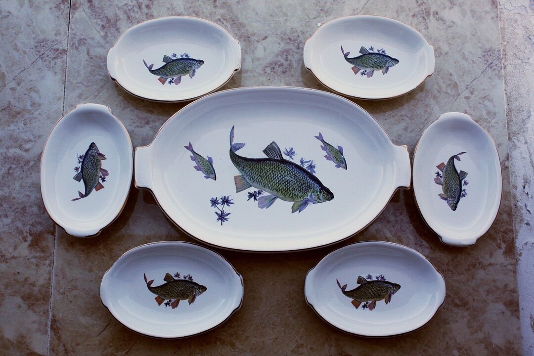 Lovely Vintage Israel Thick Porcelain Kedar Fish Platter Tray 6 Plates ...
