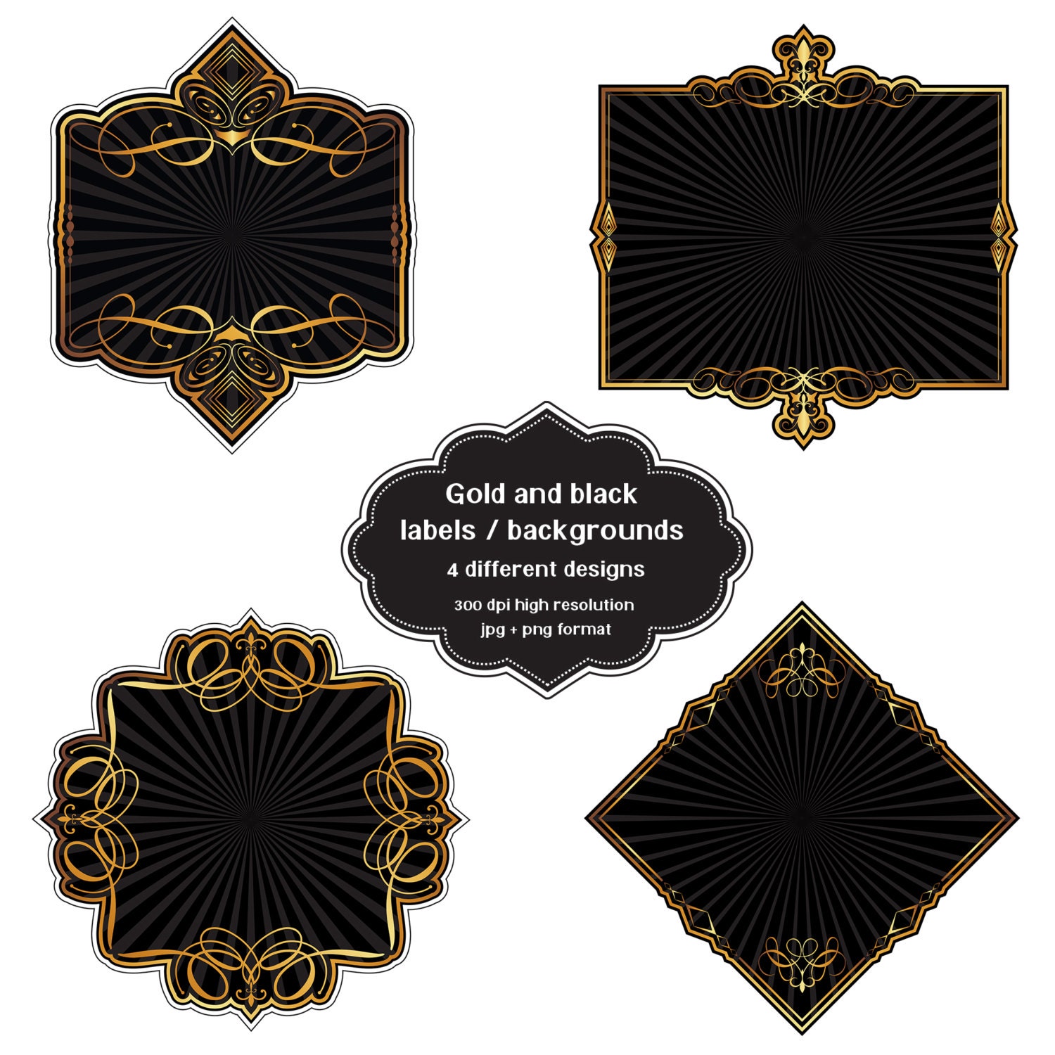INSTANT DOWNLOAD - Collection of Gold and Black Labels With 4 Different ...