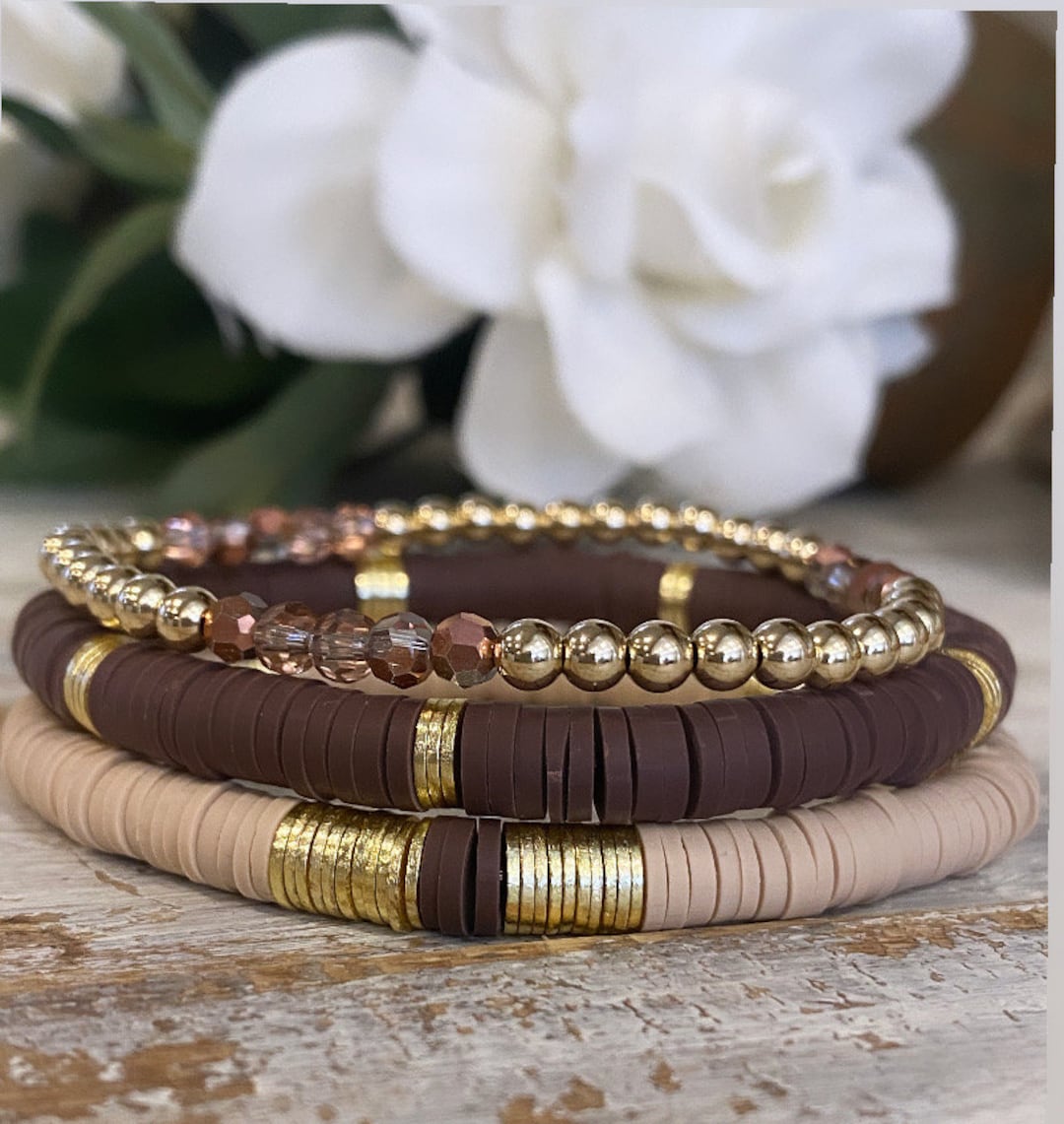 Set of 3 Heishi Bracelets With Gold Spacers/brown/neutral/gold Beaded/ Gold Ball Bracelet With ...