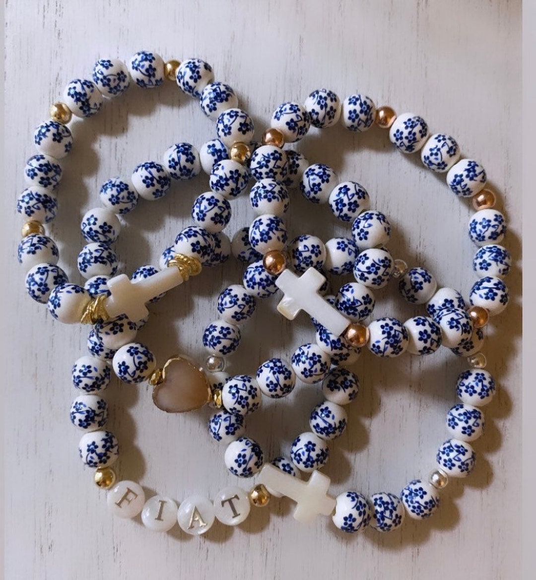 Blue Floral Beaded Bracelets /cross Bracelets With Gold/ Silver/ Rose ...
