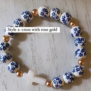 Blue Floral Beaded Bracelets /cross Bracelets With Gold/ Silver/ Rose ...