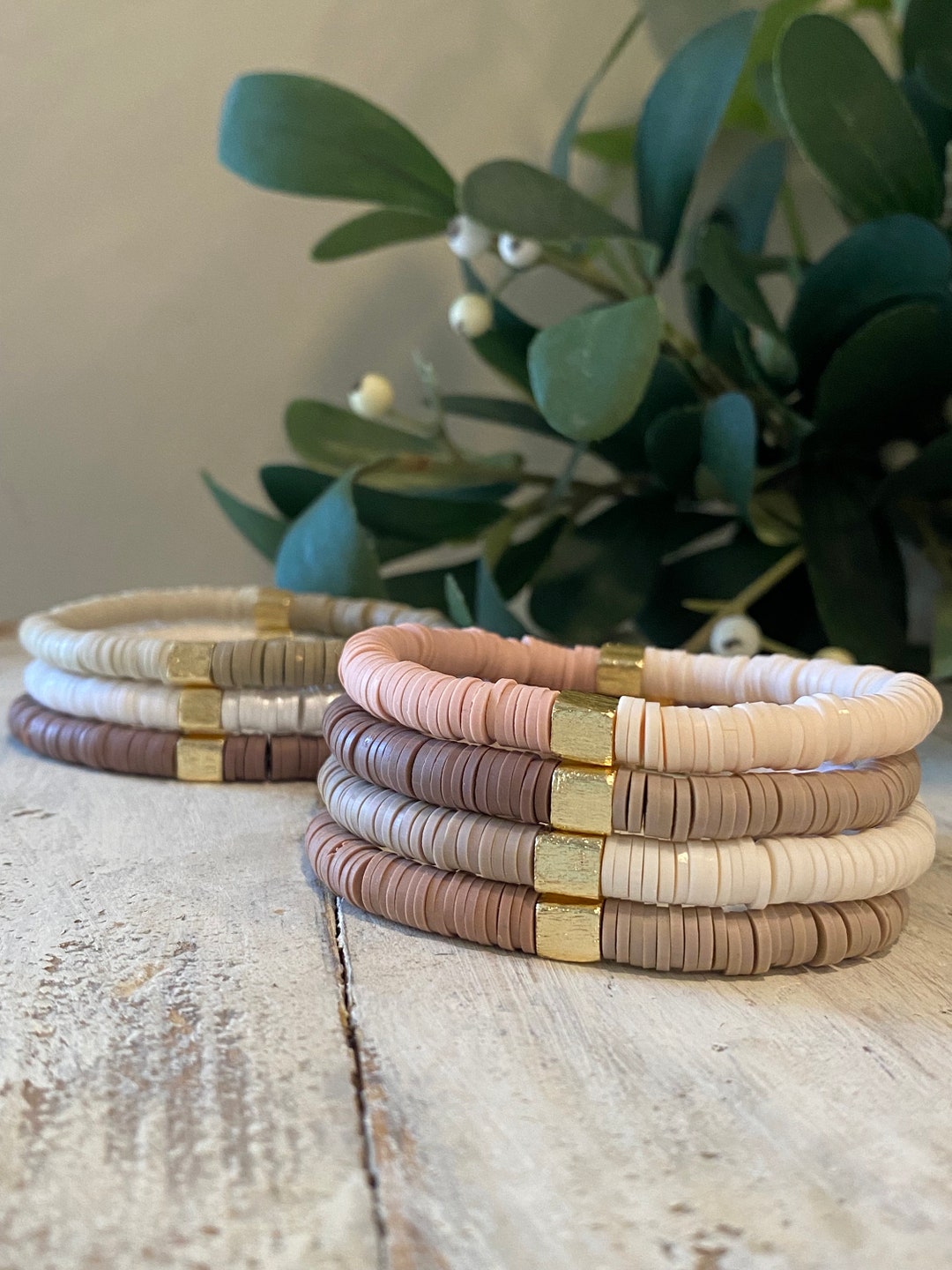 6mm Heishi Stretch Braclets With Gold Accent Spacers/ Gold Plated ...