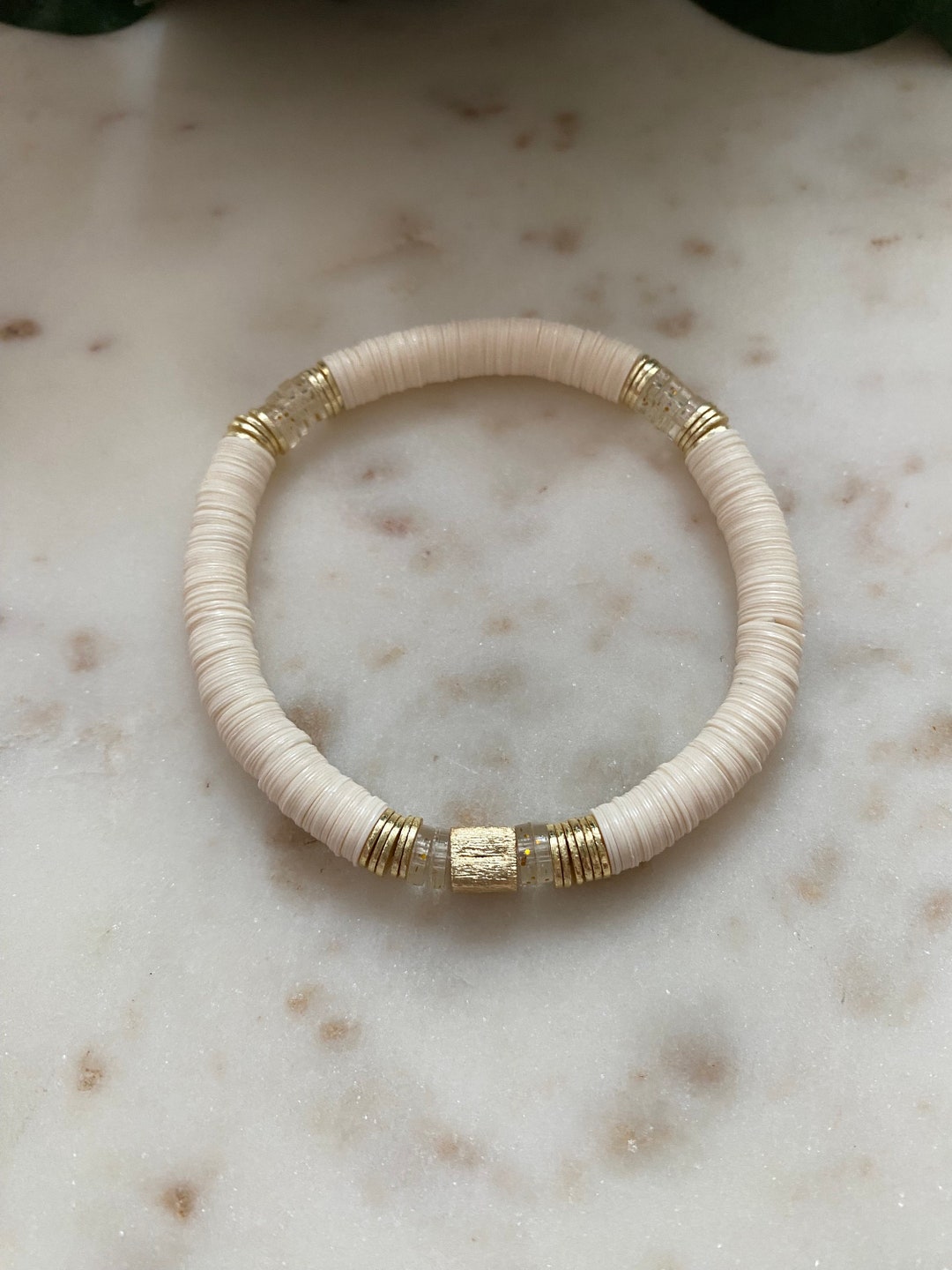 Heishi Vinyl Stretch Braclets With Gold Accent Cube Spacers/ Gold ...