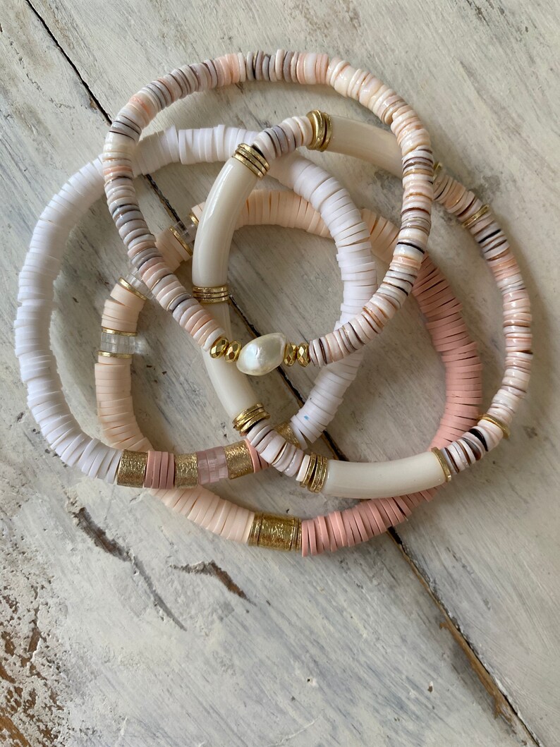 Heishi Shell Summer Stack/ Pink and Grey Neutral Heishi With - Etsy