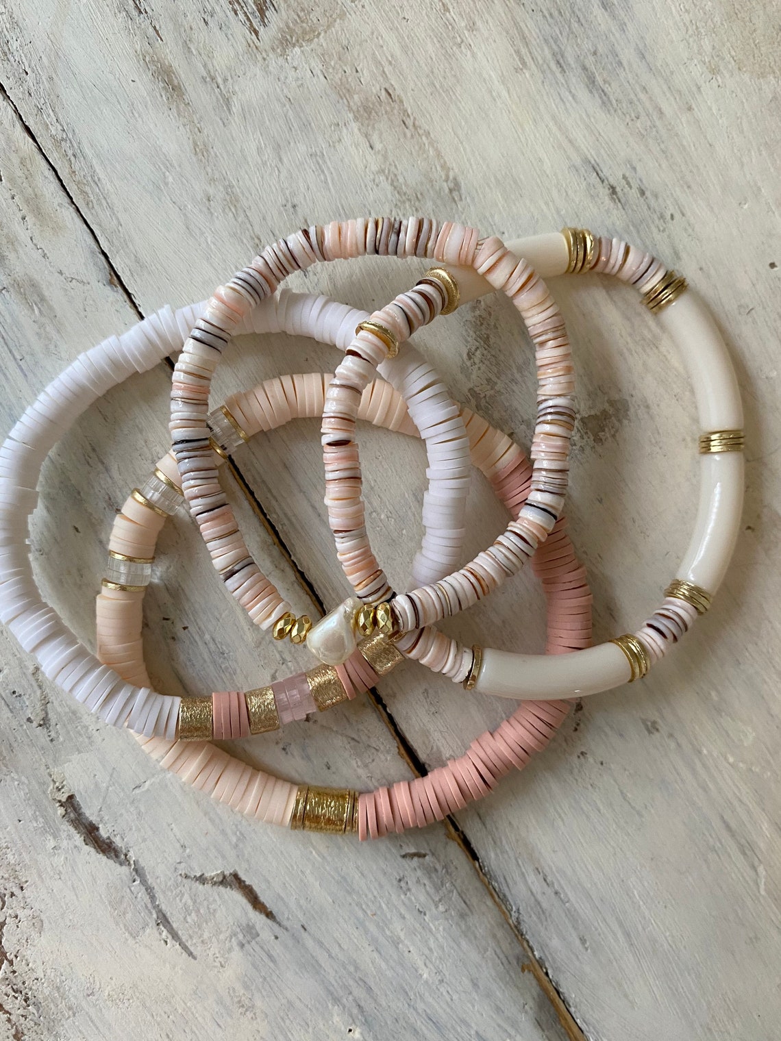 Heishi Shell Summer Stack/ Pink and Grey Neutral Heishi With | Etsy