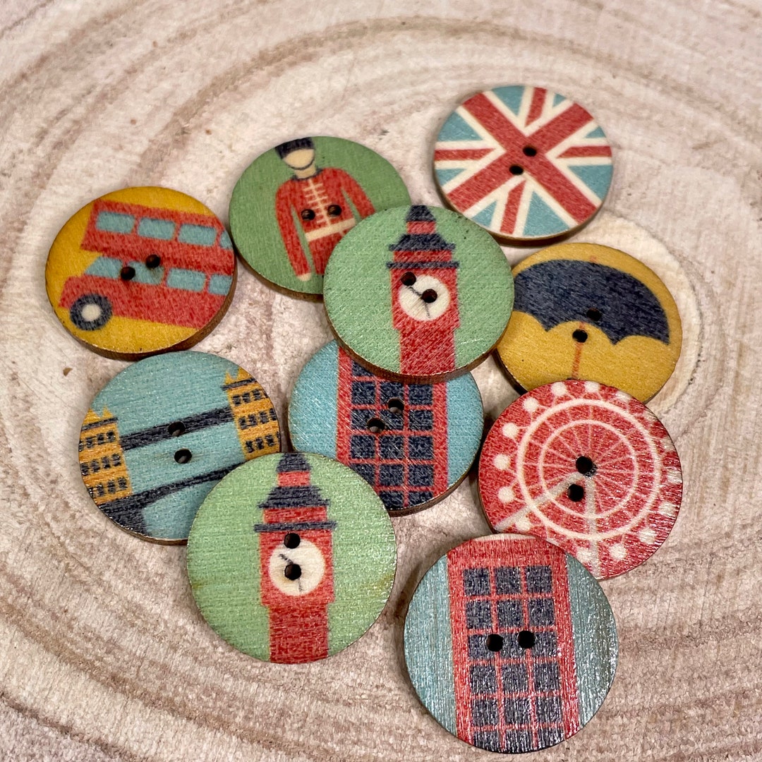 10 X British English Icon Wooden Buttons, Featuring Buses, Union Jack ...