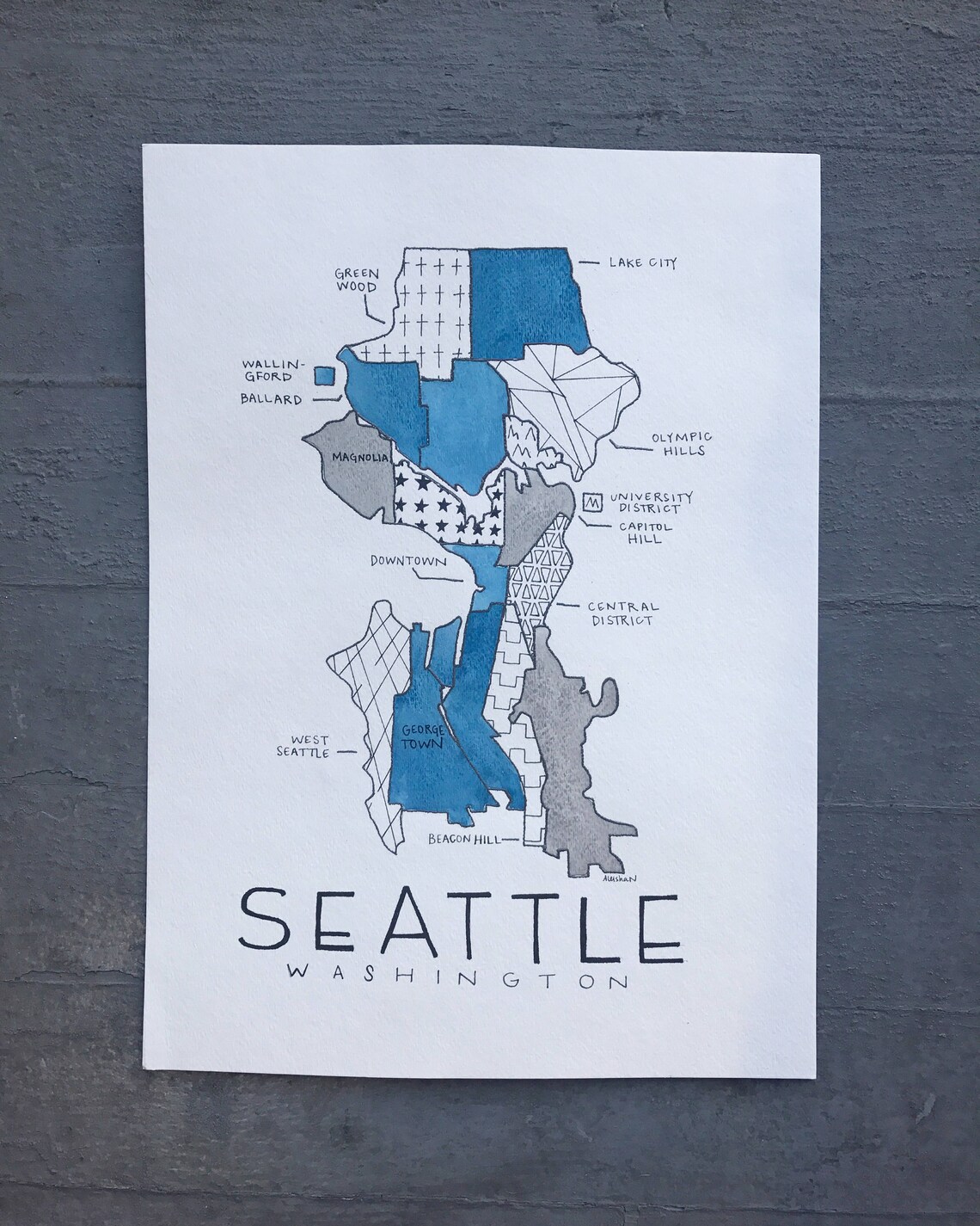 Hand-Painted Seattle Neighborhoods Map with Raised Borders | Etsy