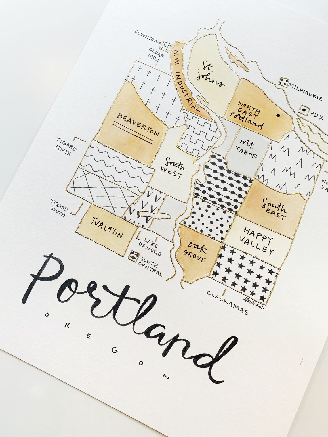 Hand-painted Portland Neighborhoods Map With Raised Borders - Etsy