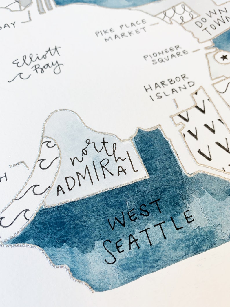 Hand-painted Seattle Neighborhoods Map With Raised Borders - Etsy