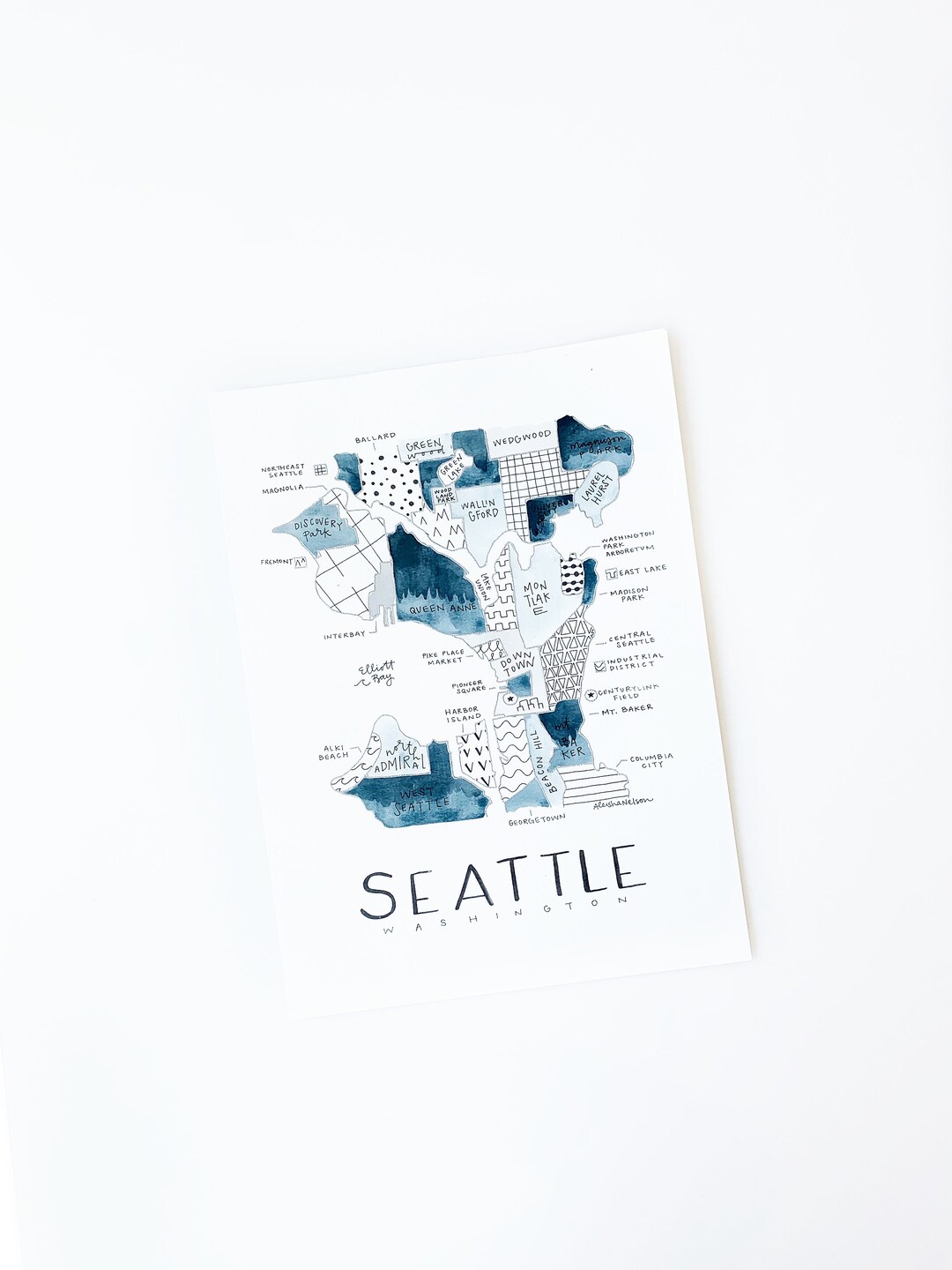 Hand-painted Seattle Neighborhoods Map With Raised Borders - Etsy