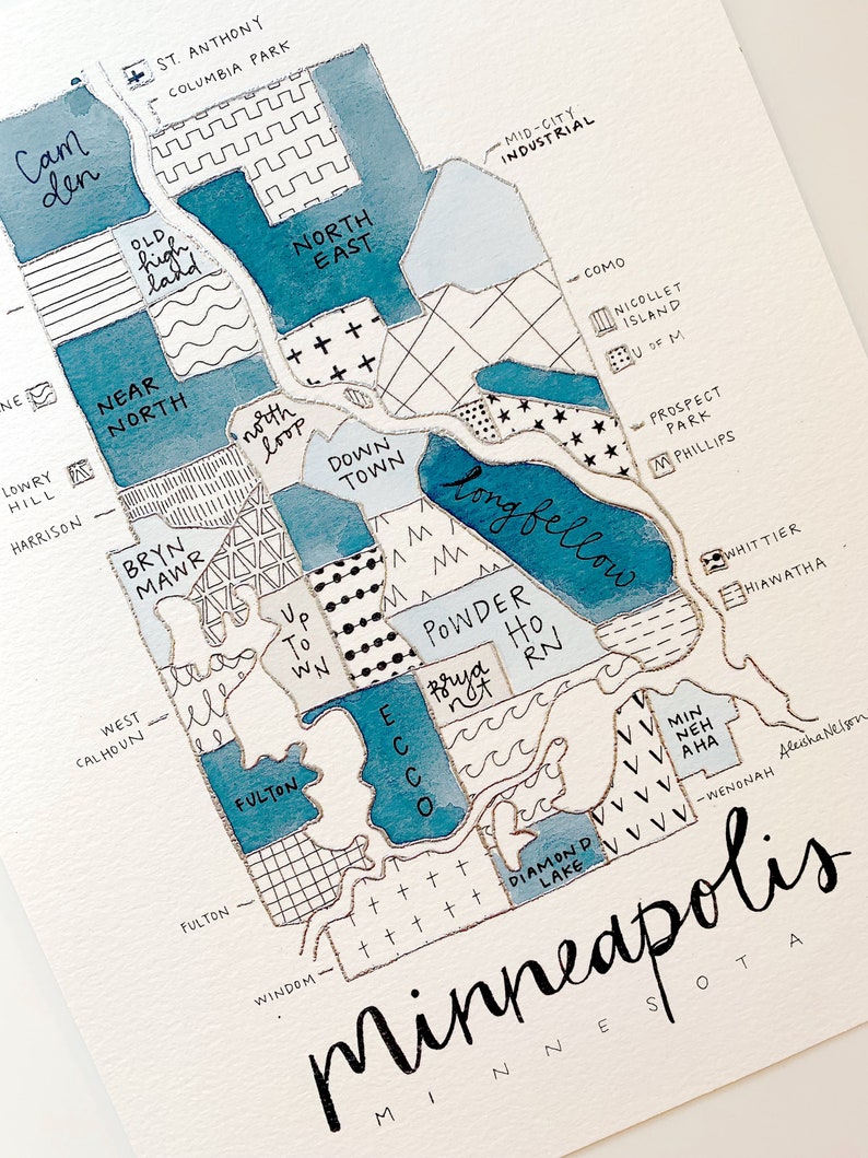 Hand-painted Minneapolis Neighborhoods Map With Raised Borders - Etsy