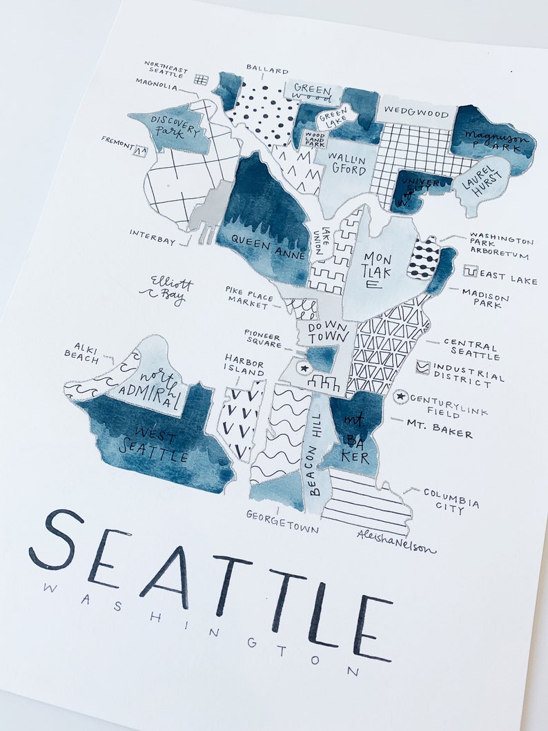 Hand-painted Seattle Neighborhoods Map With Raised Borders - Etsy