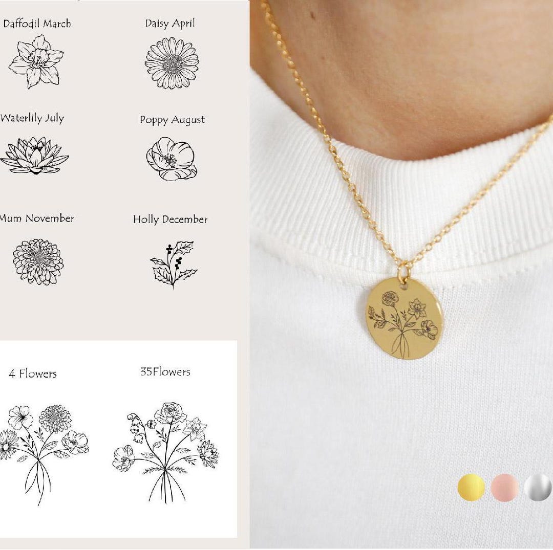 Personalized Birth Flower Bouquet Necklace, Personalized Flower Bouquet ...