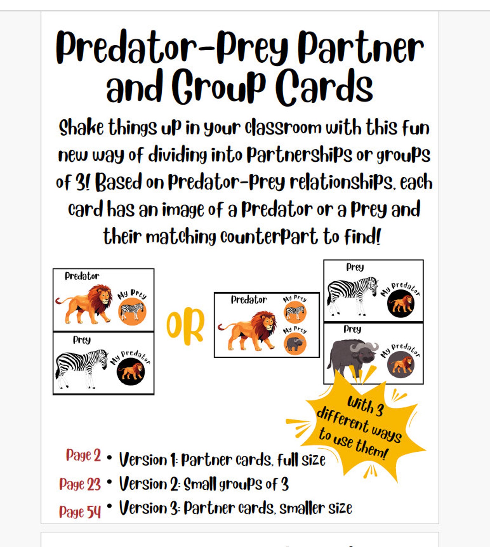 Predator & Prey Partner or Small Group Pairing Cards - Etsy