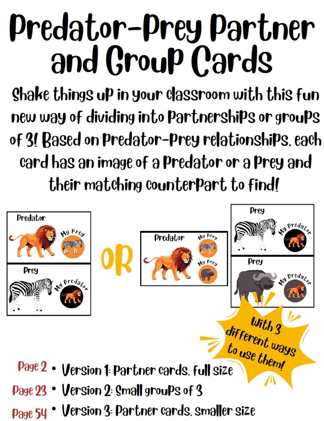 Predator & Prey Partner or Small Group Pairing Cards - Etsy