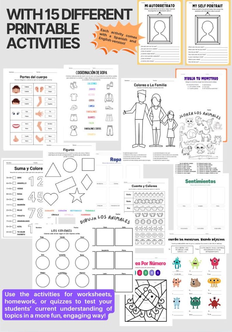 Spanish/english Drawing & Coloring Activity Packet- for ESL Lessons and ...
