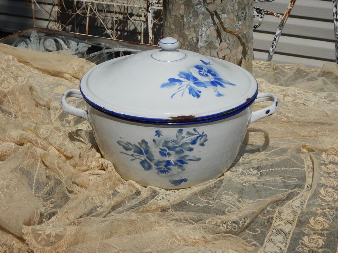 Antique~1930's French Enamel~enamelware~blue and White Pansies~marmite ...