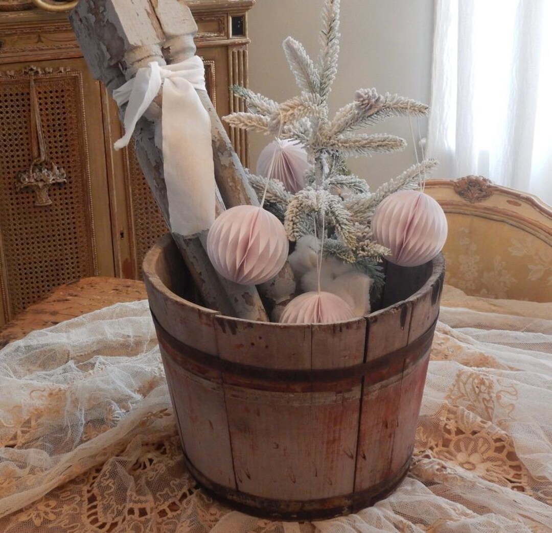 Antique~1930's Old Distressed Pink Wooden Sugar Bucket~metal Bands ...