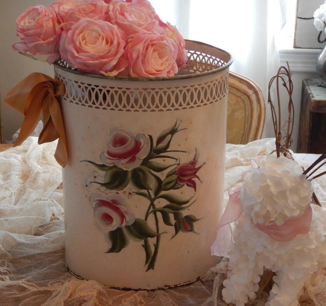 Antique~shabby 1940's Decorative Toleware~hand Painted Pink Roses~waste ...