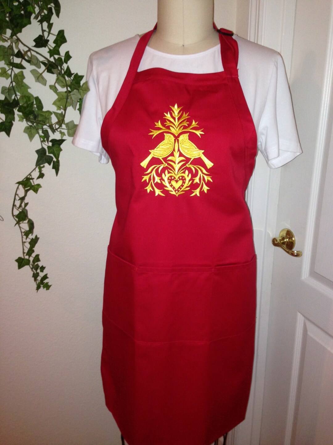 Red Kitchen Apron for a Woman or a Man, With Gold Embroidered Cardinals ...